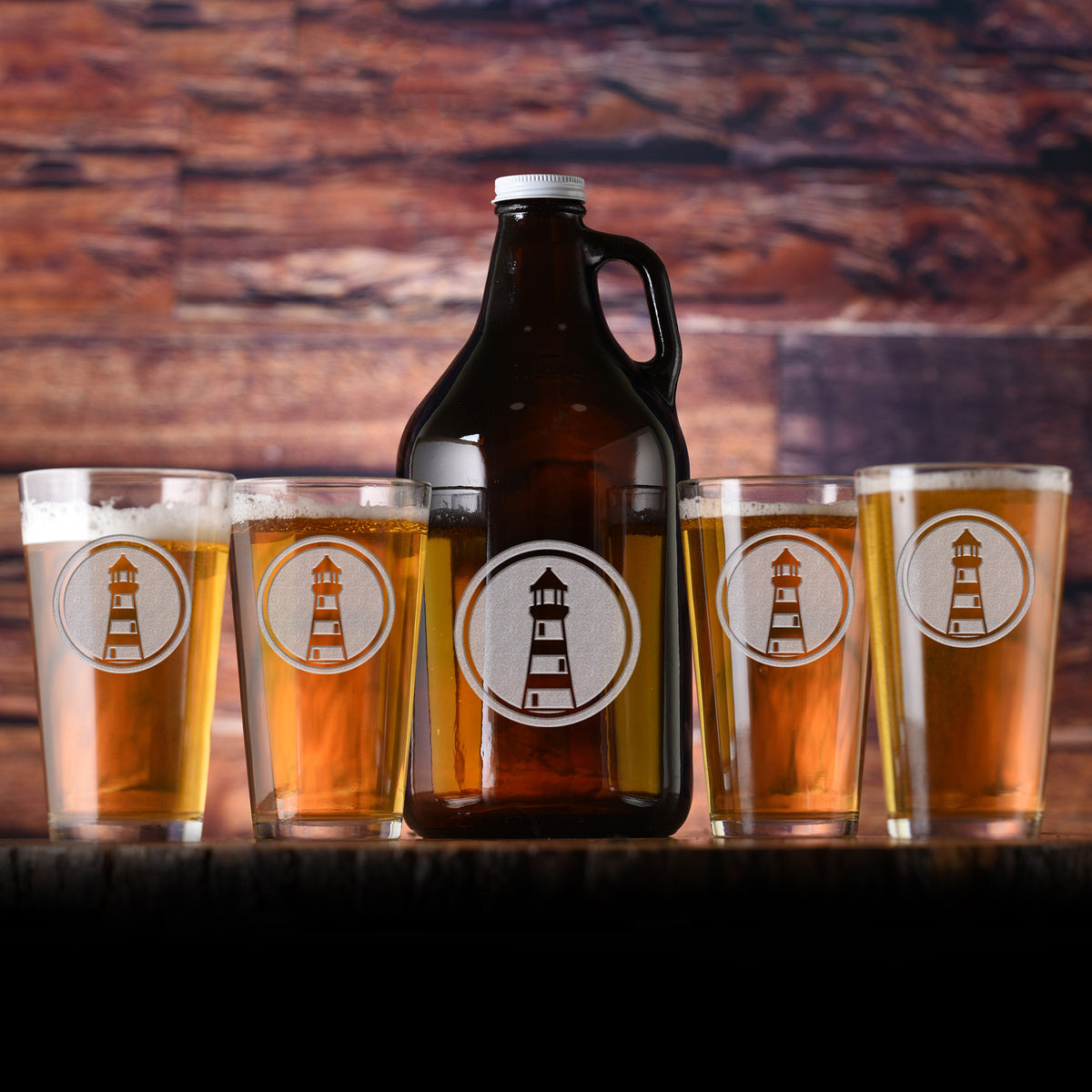 Engraved Nautical Lighthouse Beer Growler and Pub Glass Gift Set