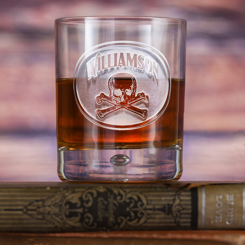 Custom Skull and Crossbones Whiskey Bar Glass - Crystal Imagery
